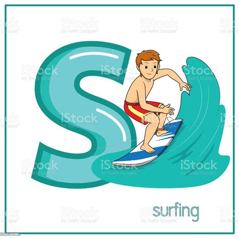 어린이 학습 연습 Abc에 대한 알파벳 문자 S 소문자와 서핑의 벡터 그림 Surfing Event에 대한 스톡 벡터 아트 및
