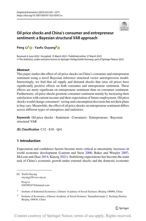 Oil Price Shocks And Chinas Consumer And Entrepreneur Sentiment A Bayesian Structural Var