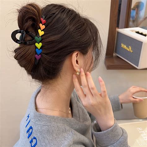Rainbow Love Heart Large Hair Claw Cute Sweet Grip Clip Womens Hair