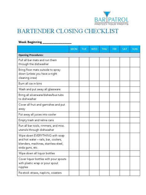 Bp Bartender Closing Checklist Pdf