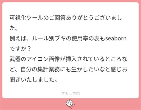 可視化ツールのご回答ありがとうございました。 例えば、ルール別ブキの使用率の表もseabornですか？ 武器のアイコン画像が挿入されているところなど、自分の集計業務にも生かしたいなと感じお聞き