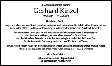 Traueranzeigen Von Gerhard Kinzel Trauer38 De