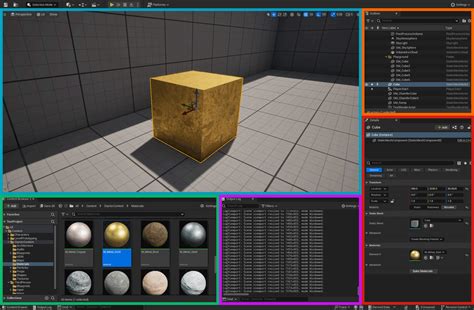 The Unreal Editor User Interface With Markup To Show The Various Windows And Panels