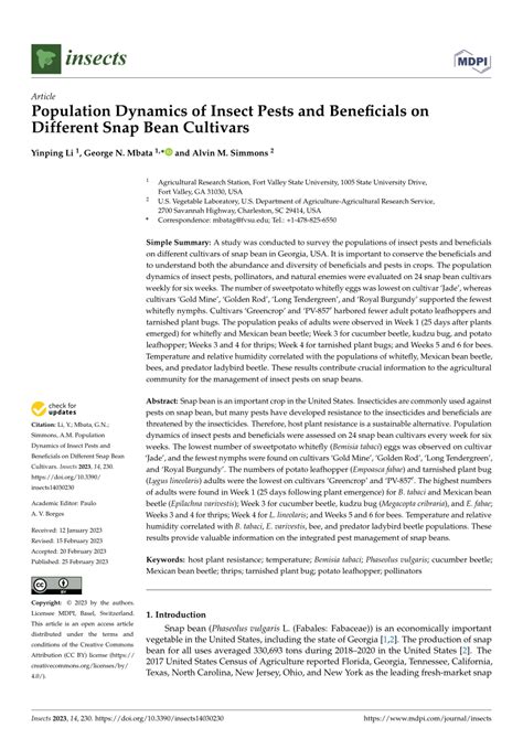 Pdf Population Dynamics Of Insect Pests And Beneficials On Different Snap Bean Cultivars