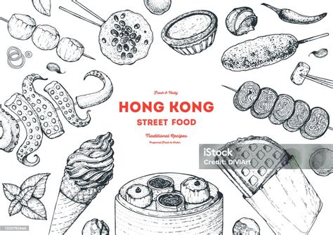 홍콩 길거리 음식 프레임 중국 음식 메뉴 디자인 템플릿 빈티지 손으로 그린 스케치 벡터 일러스트 각인된 스타일 일러스트레이션입니다 아시아 길거리 음식 스케치 메뉴판에 대한