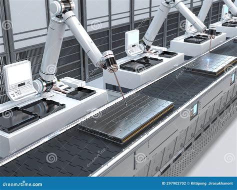Automation Battery Manufacturing With Electric Car Battery Produced By Robotic Arms Stock Image