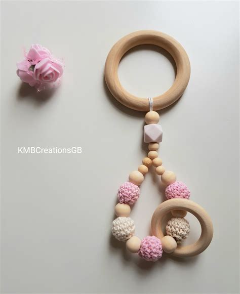 Crochet And Wood Teether With Natural Wood Teething Ring Pink And