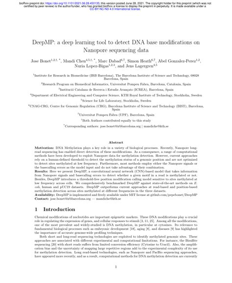 PDF DeepMP A Deep Learning Tool To Detect DNA Base Modifications On Nanopore Sequencing Data
