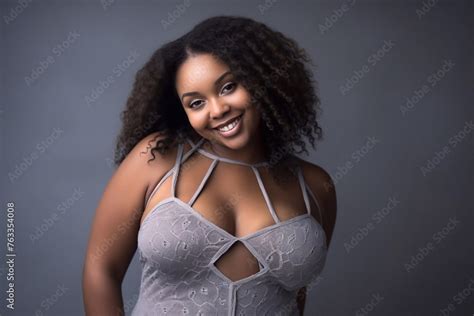 African American Woman Plus Size Model In Lace Black Lingerie Looking
