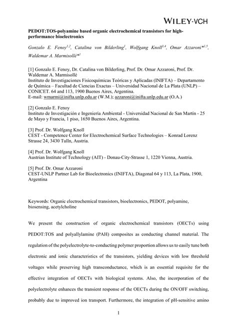 Pdf Pedot Tosylate‐polyamine‐based Organic Electrochemical