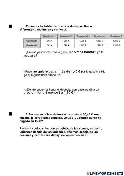 Números Decimales Online Exercise For 4º Curso Live Worksheets