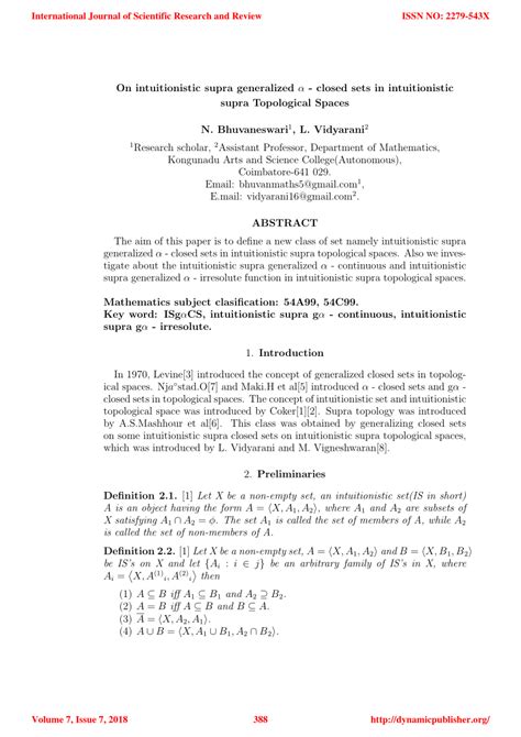 Pdf On Intuitionistic Supra Generalized Closed Sets In Intuitionistic Supra Topological Spaces