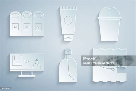 액체 비누 병 종이 유리 물 플라스틱 오염 중지 바다 크림 화장품 튜브 및 쓰레기통 분류 아이콘에 휴지통을 설정합니다 벡터 3차원 형태에 대한 스톡 벡터 아트 및 기타
