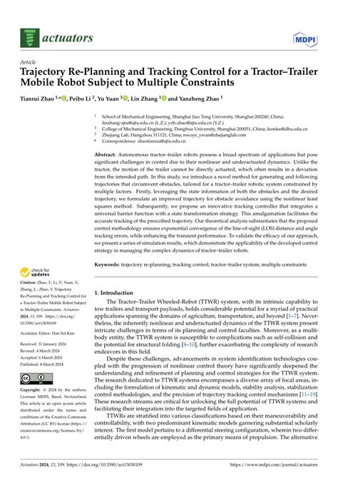 pdf trajectory re planning and tracking control for a tractor trailer mobile robot subject to