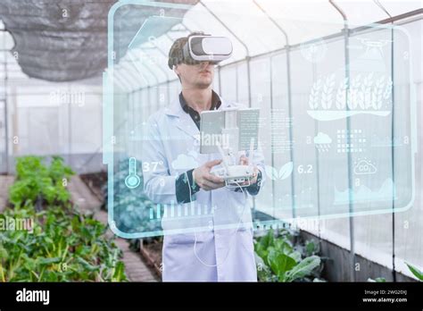 Agriculture Scientist Using Modern Plant Growing Research Technology Device Vr System To Monitor