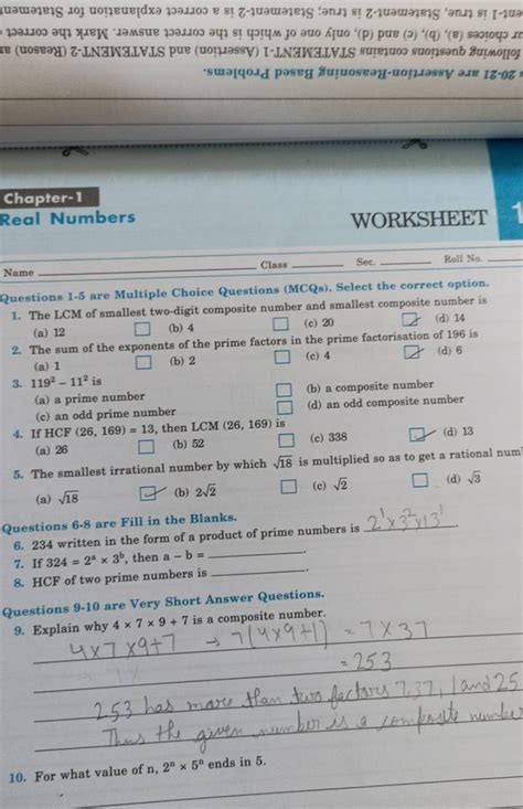 Chapter 1 Real Numbers Worksheet Name Class Sec Roll No Questions 1 5 A