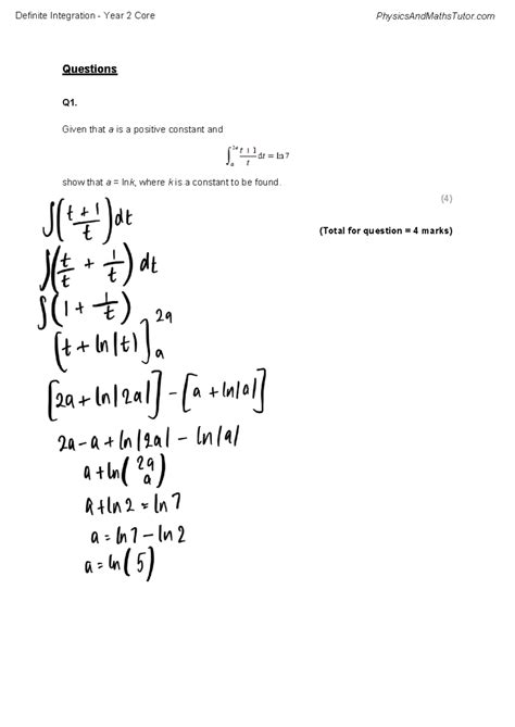 Definite Integration 2 Questions Q1 Given That A Is A Positive