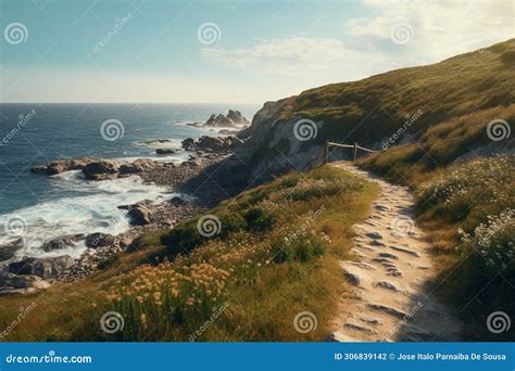 Coastal Cliff Pathway Winding Along The Sea Generative Ai Stock Illustration Illustration Of