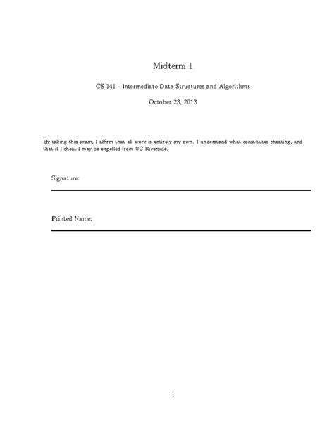 Midterm Answers Midterm 1 Cs 141 Intermediate Data Structures And Algorithms October 23