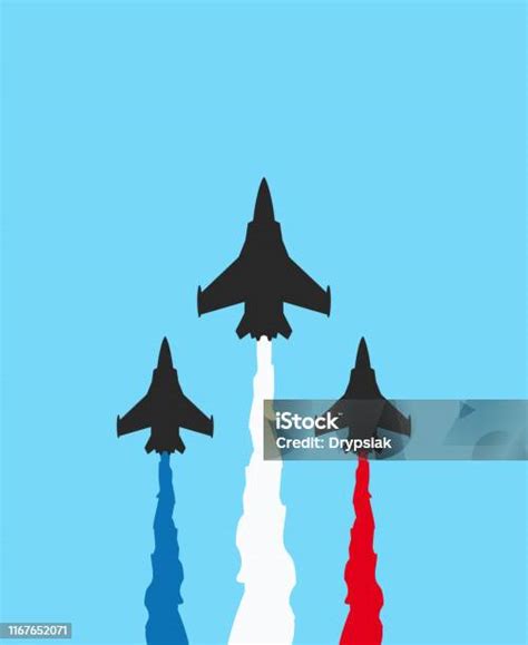 파란색 배경에 컬러 트레일과 검은 군사 전투기 제트 쇼 벡터 그림 연기 물리적 구조에 대한 스톡 벡터 아트 및 기타 이미지