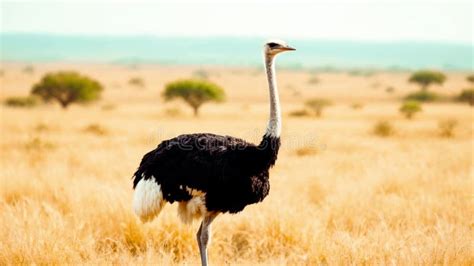 Elegant Ostrich Standing In Golden Savanna Landscape Under Clear Sky