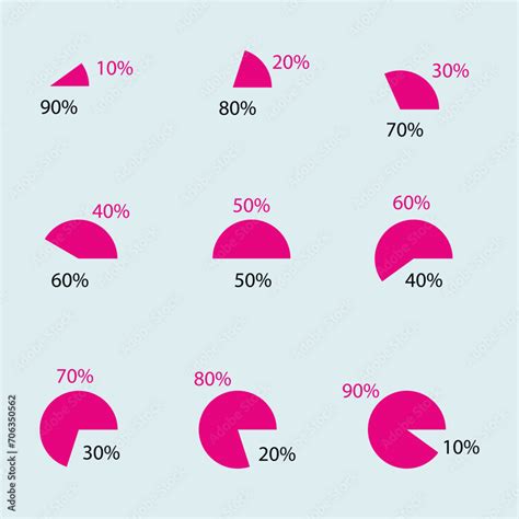 Set Of Pie Charts Percentage 10 To 90 Circle Round Chart Pie Graph Diagram Stock Vector