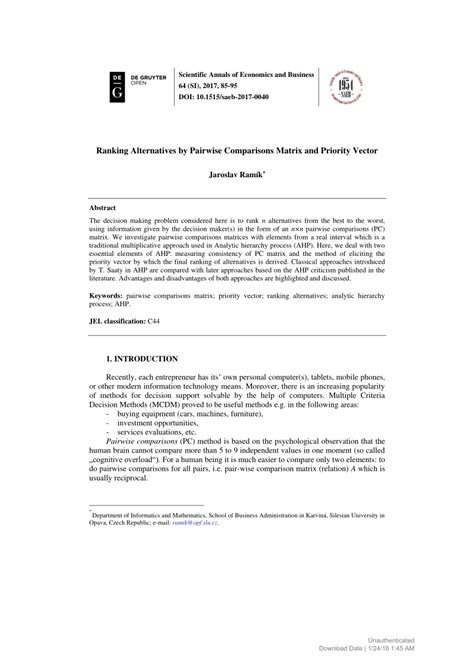 Pdf Ranking Alternatives By Pairwise Comparisons Matrix And Priority