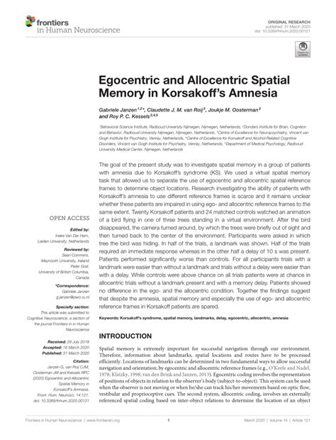 Pdf Egocentric And Allocentric Spatial Memory In Korsakoffs Amnesia