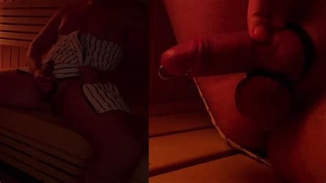 Public Exhibitionist In Sauna With Cock Ring And Urethral Stimulation