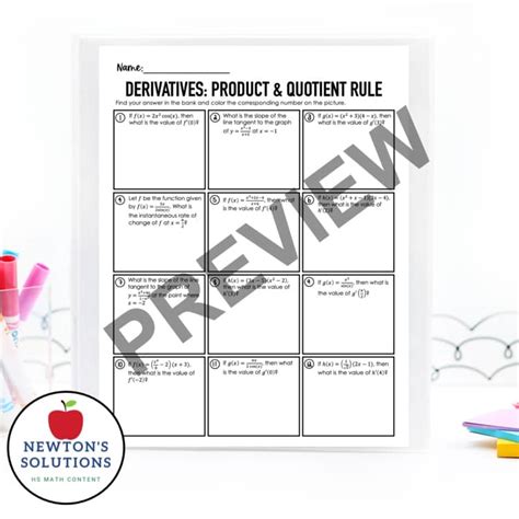 Derivatives Using Product And Quotient Rules Color By Number Calculus Activity