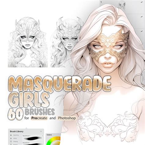 60 Masquerade Girls Procreate Stamp Brushes Women With Carnival Masks