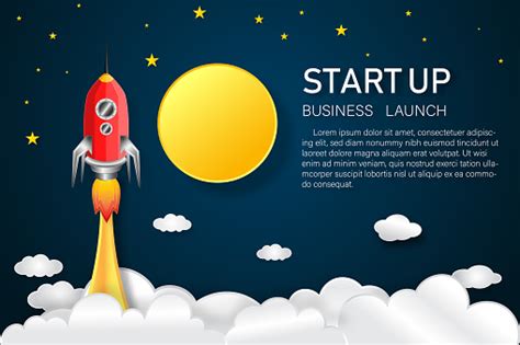 하프 문 구름과 종이 예술 공예 스타일과 비즈니스 시작 프로젝트 개념으로 어두운 밤에 푸른 하늘에 로켓 발사 평면 디자인 벡터 일러스트입니다 가득 찬에 대한 스톡 벡터 아트