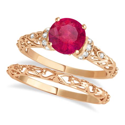 Ruby And Diamond Antique Style Bridal Set 14k Rose Gold 162ct