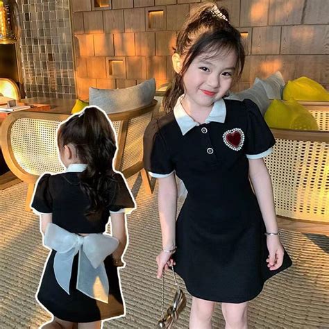Girl Summer Dress For Teens Back Bow Polo Neck Fashion Korean Black