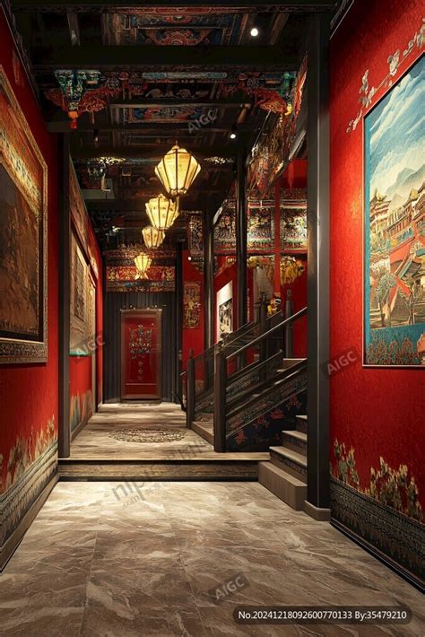 Ai创作图衙门文化展厅 红楼文化展厅 红楼梦展厅 养心殿展厅 四合院过道 戏曲展厅设计 京剧展厅 戏剧文化展厅设计 故宫文创馆 戏曲展厅 沈厅过道阁 画梁雕栋走廊 传统戏院戏园中式包厢 古典