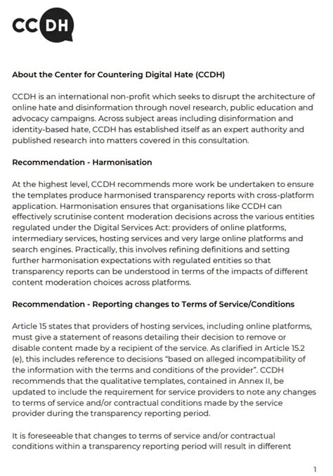 Ccdhs Comment On Eu Dsa Transparency Templates — Center For Countering Digital Hate Ccdh
