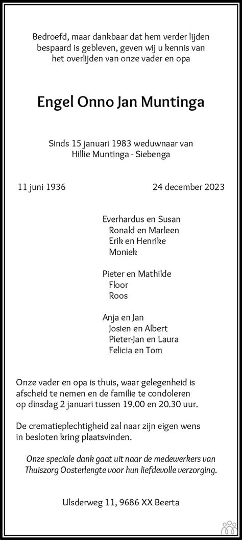 Engel Onno Jan Muntinga 24 12 2023 Overlijdensbericht En Condoleances Mensenlinq Nl