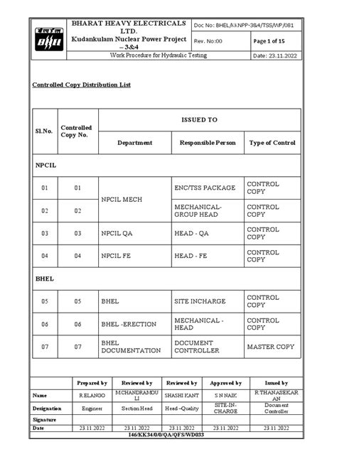 Hydraulic Testing Procedure For Kudankulam Nuclear Power Project Unit 3