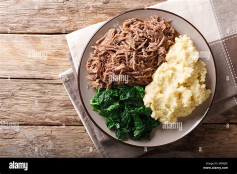 Botswana Cuisine Seswaa Beef Stew With Pap Porridge And Spinach Close