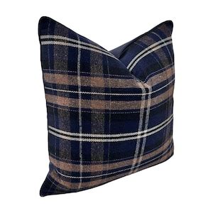 Navy Plaid 100 Wool Designer Fabric Handcrafted Decorative Pillow