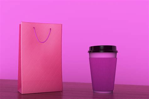 화려한 종이 빨간 파란색 배경에 커피 컵과 선물 가방을 가져 가라 3d 일러스트레이션 가리기에 대한 스톡 사진 및 기타 이미지 가리기 가방 갈색 Istock