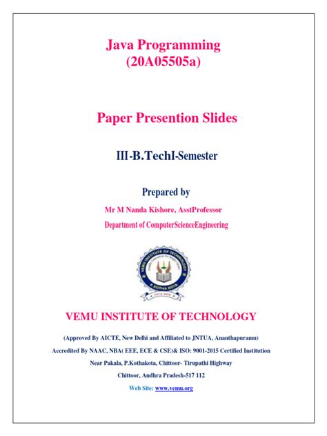 Java Programming 20a05505a Iii Btechi Semester Download Free