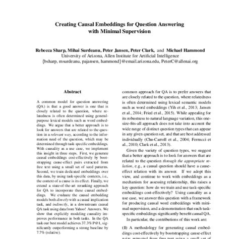 Creating Causal Embeddings For Question Answering With Minimal Supervision Acl Anthology