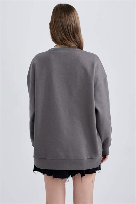 رمادي نساء سويت شيرت اوفر سايز مطبوع 2800860 Defacto