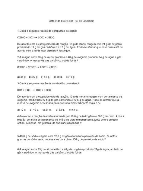 Exercícios Lista 2 Lei De Conservação De Massa Lei De Lavoisier Pdf