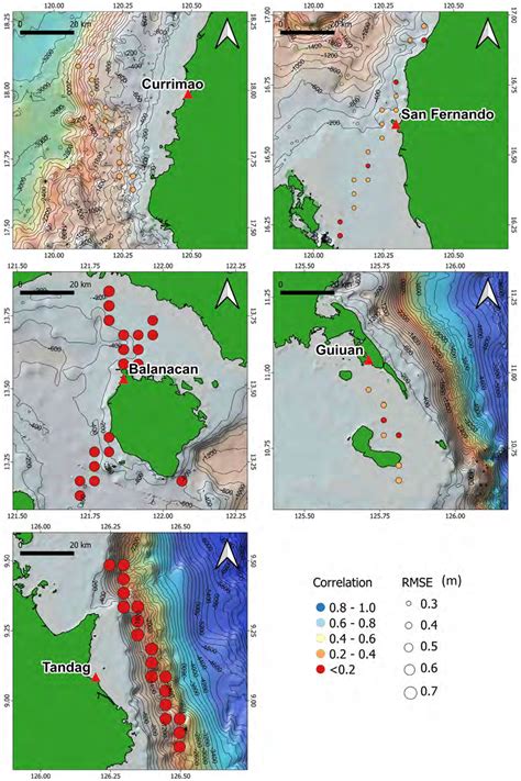 spatial correlation and rmse of the ssh fes and ssh tg in currimao san