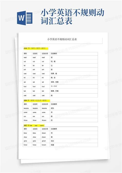 小学英语不规则动词汇总表word模板下载 编号logdegpp 熊猫办公