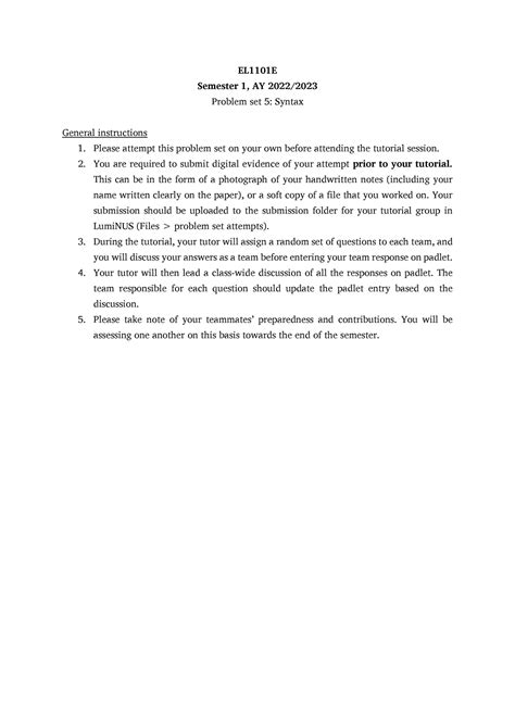 Ps Problem Set For AY EL E Semester AY Problem Set Syntax General