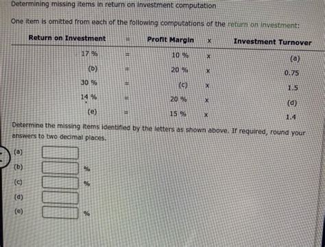 Solved Determining Missing Items In Return On Investment