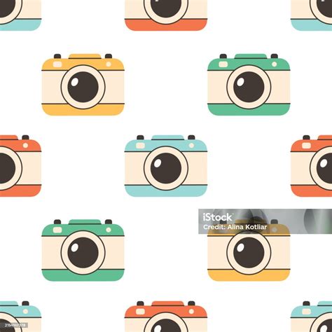 귀여운 빈티지 사진 카메라와 완벽 한 패턴입니다 평면 스타일의 벡터 일러스트 레이 션 카메라에 대한 스톡 벡터 아트 및 기타